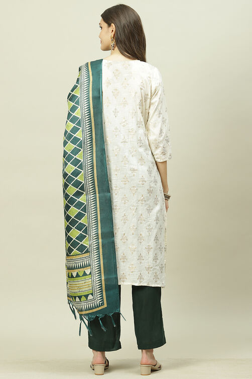 Green Cotton Machine Embroidered Unstitched Suit Set