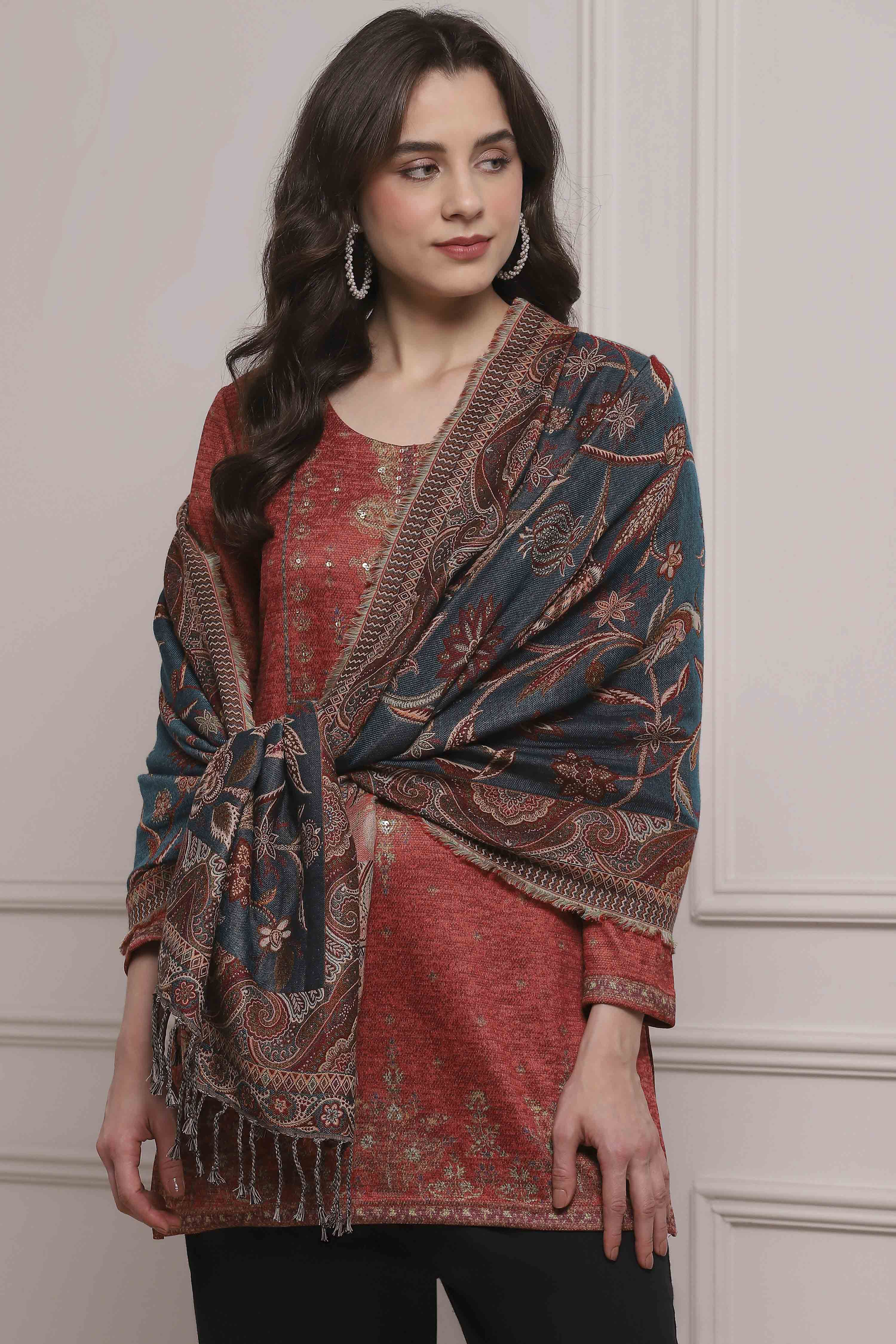 Buy Teal Yarn-Dyed Printed Winter Stole Online at Biba Global