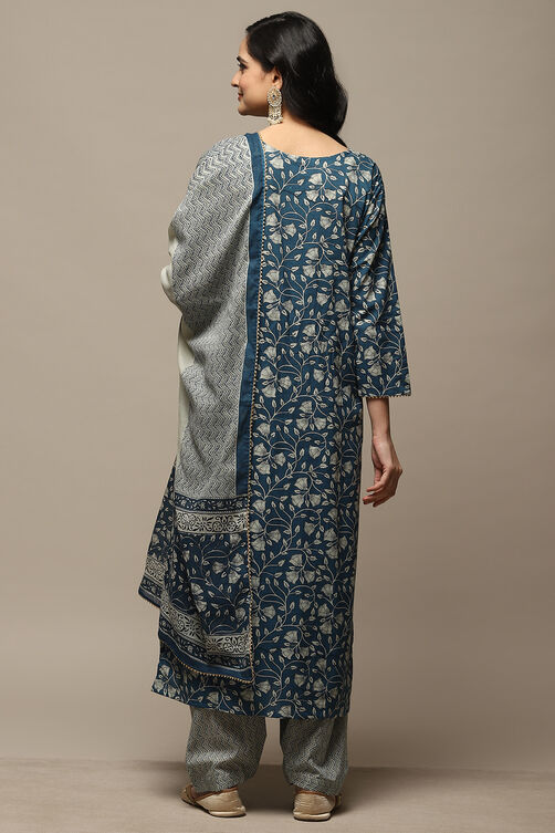 Blue Cotton Hand Block Print Unstitched Suit Set