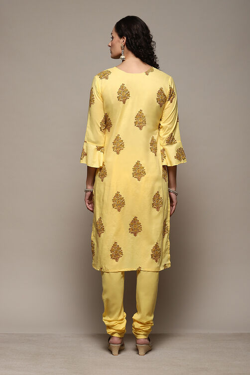 Yellow Cotton Hand Block Print Unstitched Suit Set