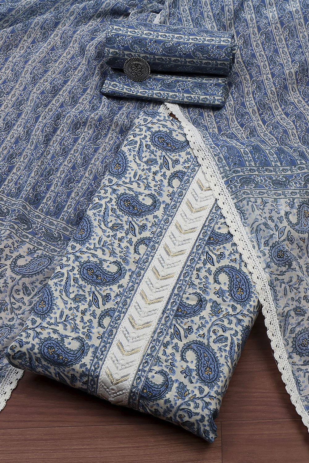 Buy Blue Cotton Screen Print Unstitched Suit Set Online at Biba Global