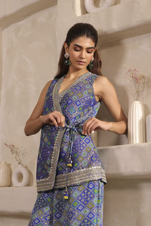 Buy Blue Chanderi Front Open Printed Co-ord Set Online at Biba Global
