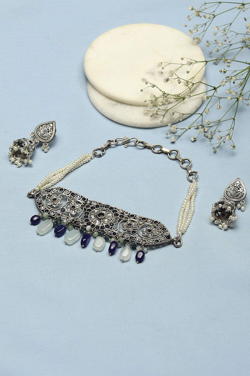 Navy Blue Brass Necklace Set at Biba India