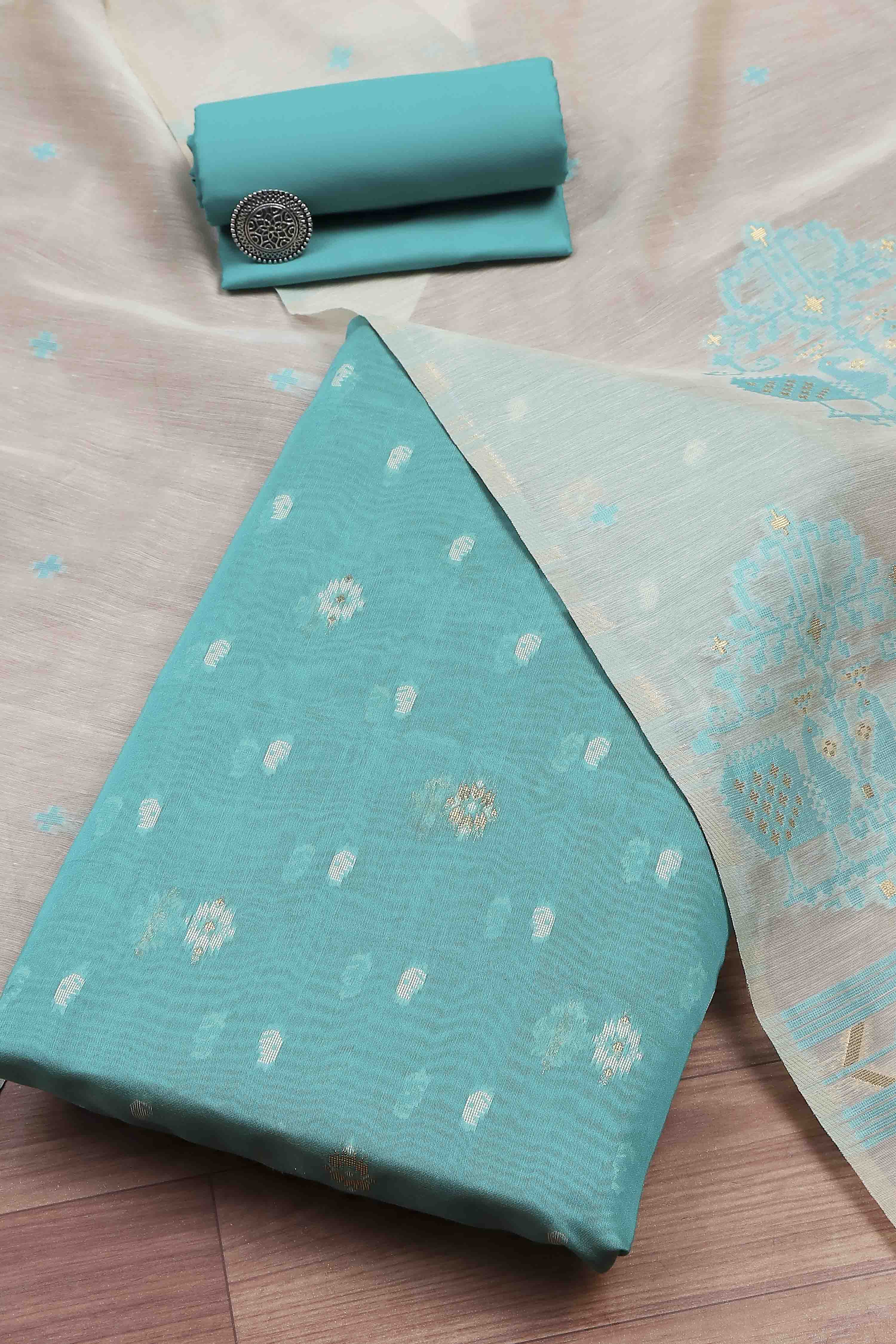 Buy Teal Cotton Jamdani Unstitched Suit Set Online at Biba Global