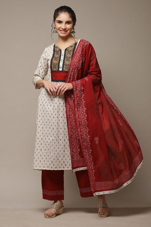 Red Flex Machine Embroidered Unstitched Suit Set at Biba India