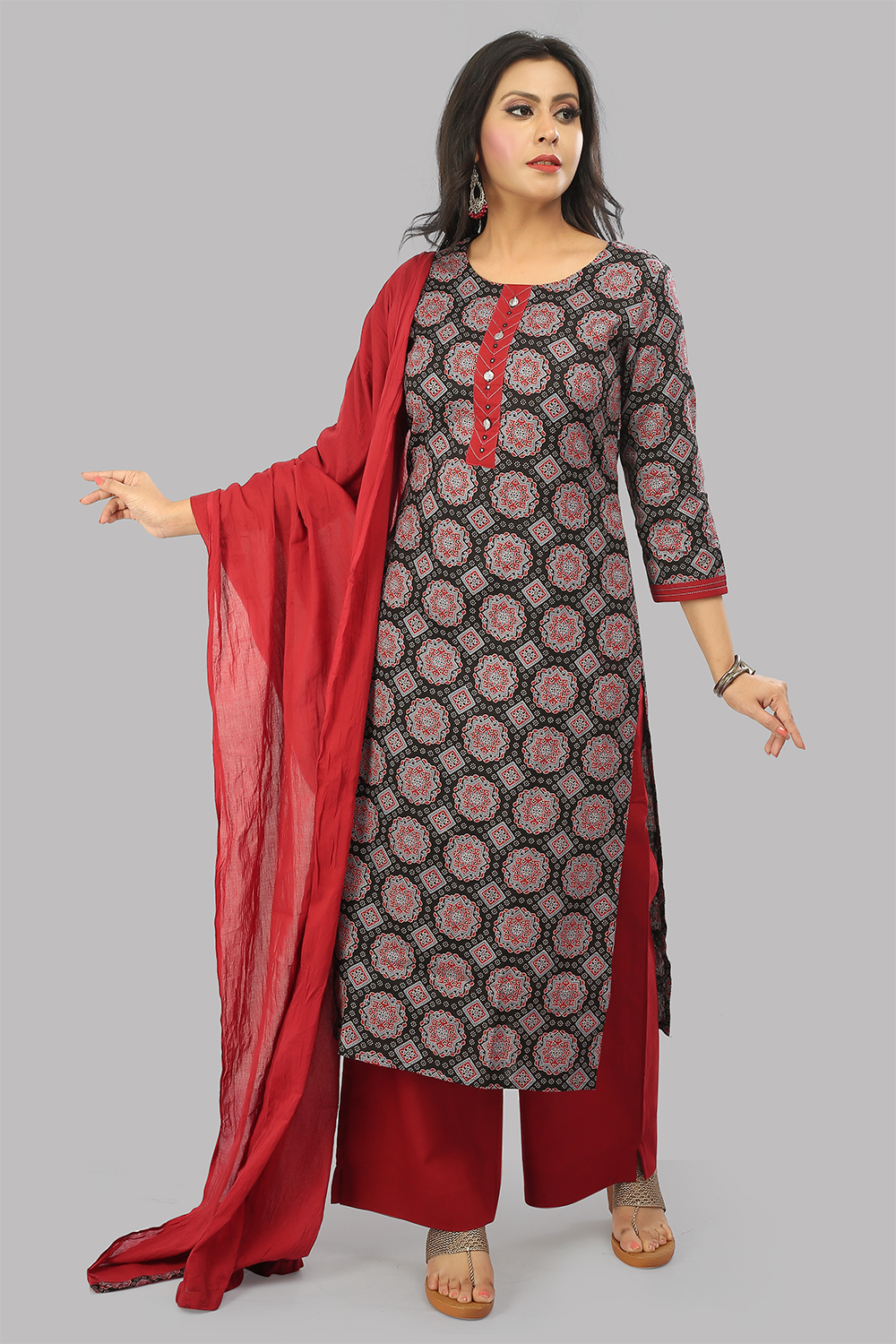 Red Cotton Screen Print Unstitched Suit Set at Biba India