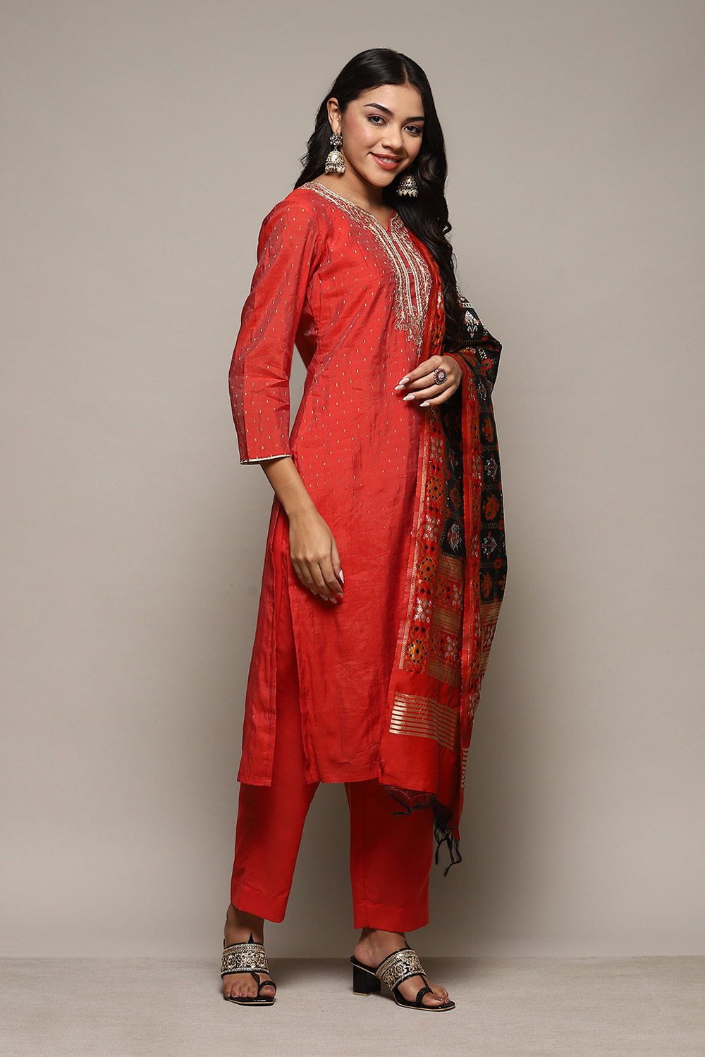 Red Chanderi Machine Embroidered Unstitched Suit Set at Biba India