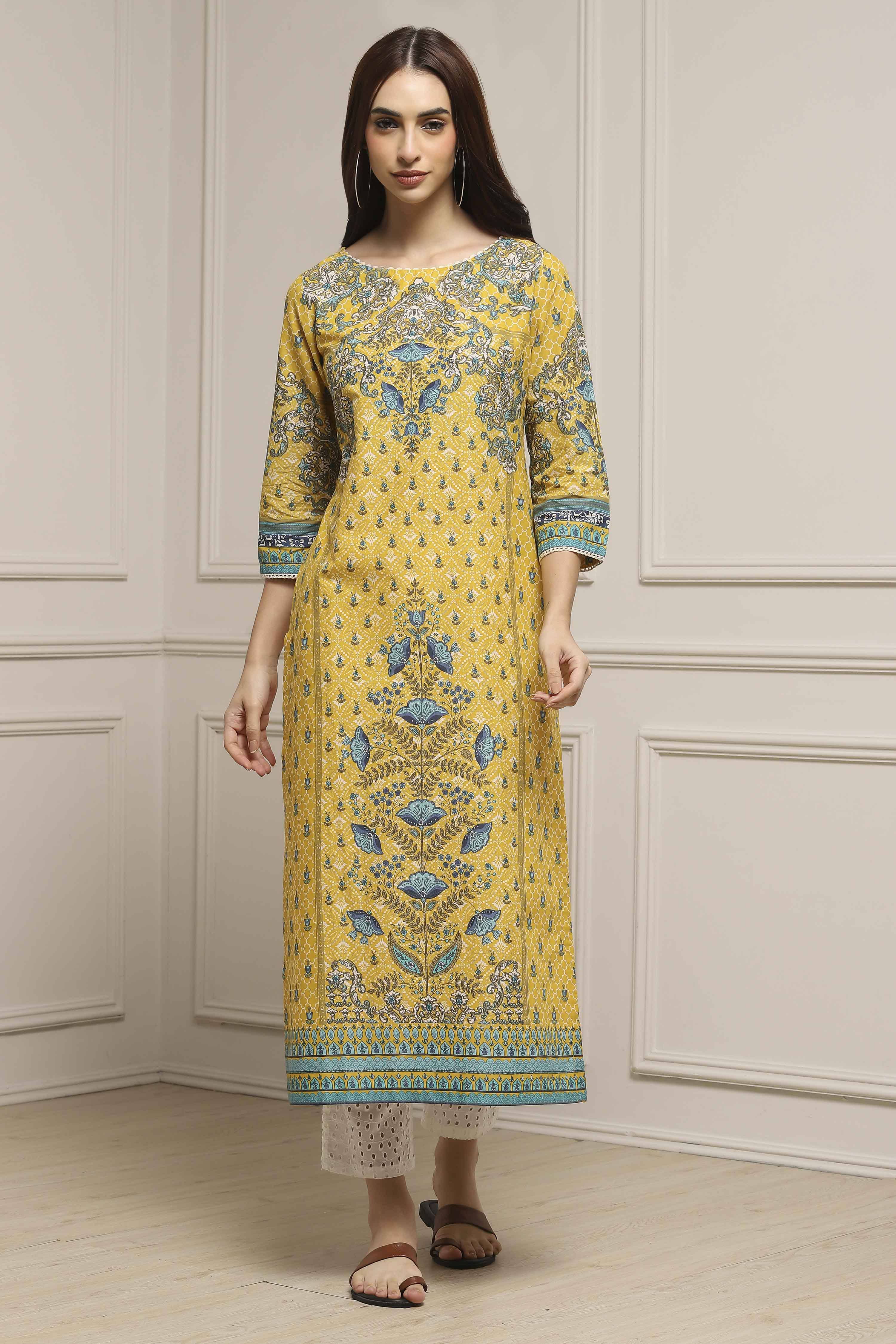 Yellow Cotton Straight Printed Kurta Yellow Cotton Straight Printed Kurta