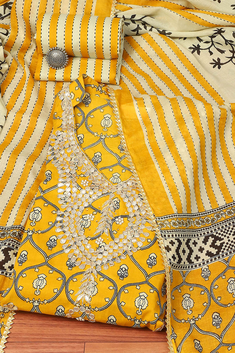 Mustard Cotton Hand Block Print Unstitched Suit Set