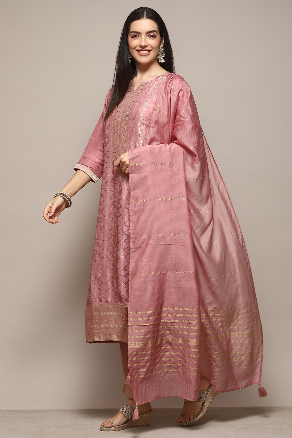 Peach Pink Viscose Yarndyed Kurta Regular Pants Suit Set At Biba India