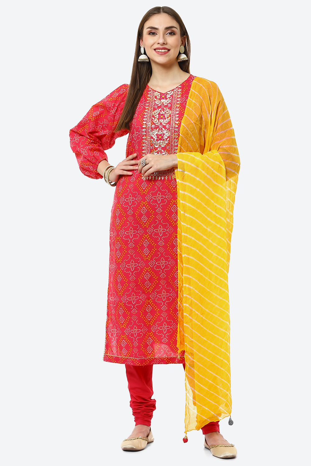 Pink Cotton Hand Embroidered Unstitched Suit Set at Biba India