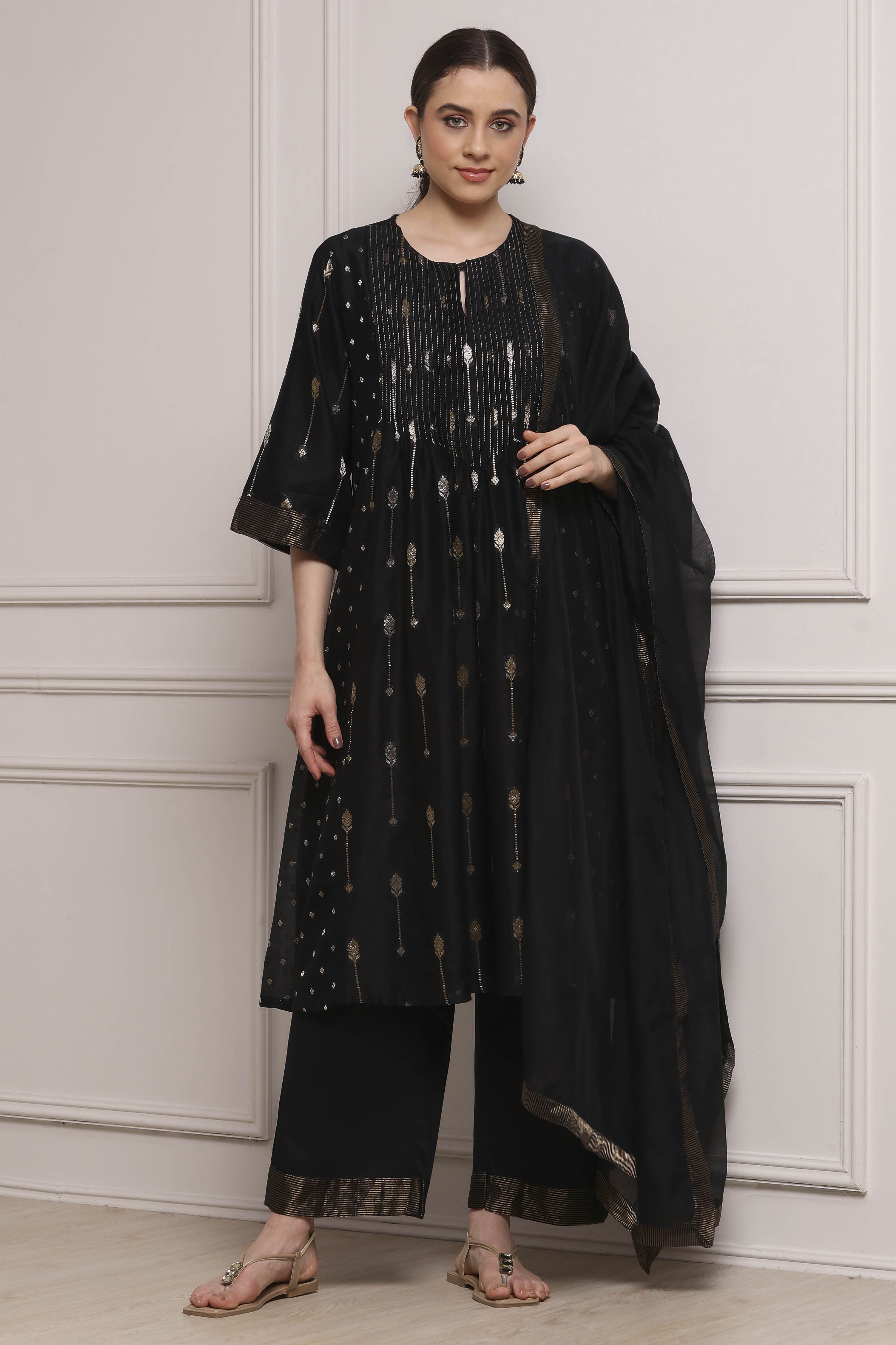 Buy Black Silk Yarndyed Gathered Suit Set Online at Biba India
