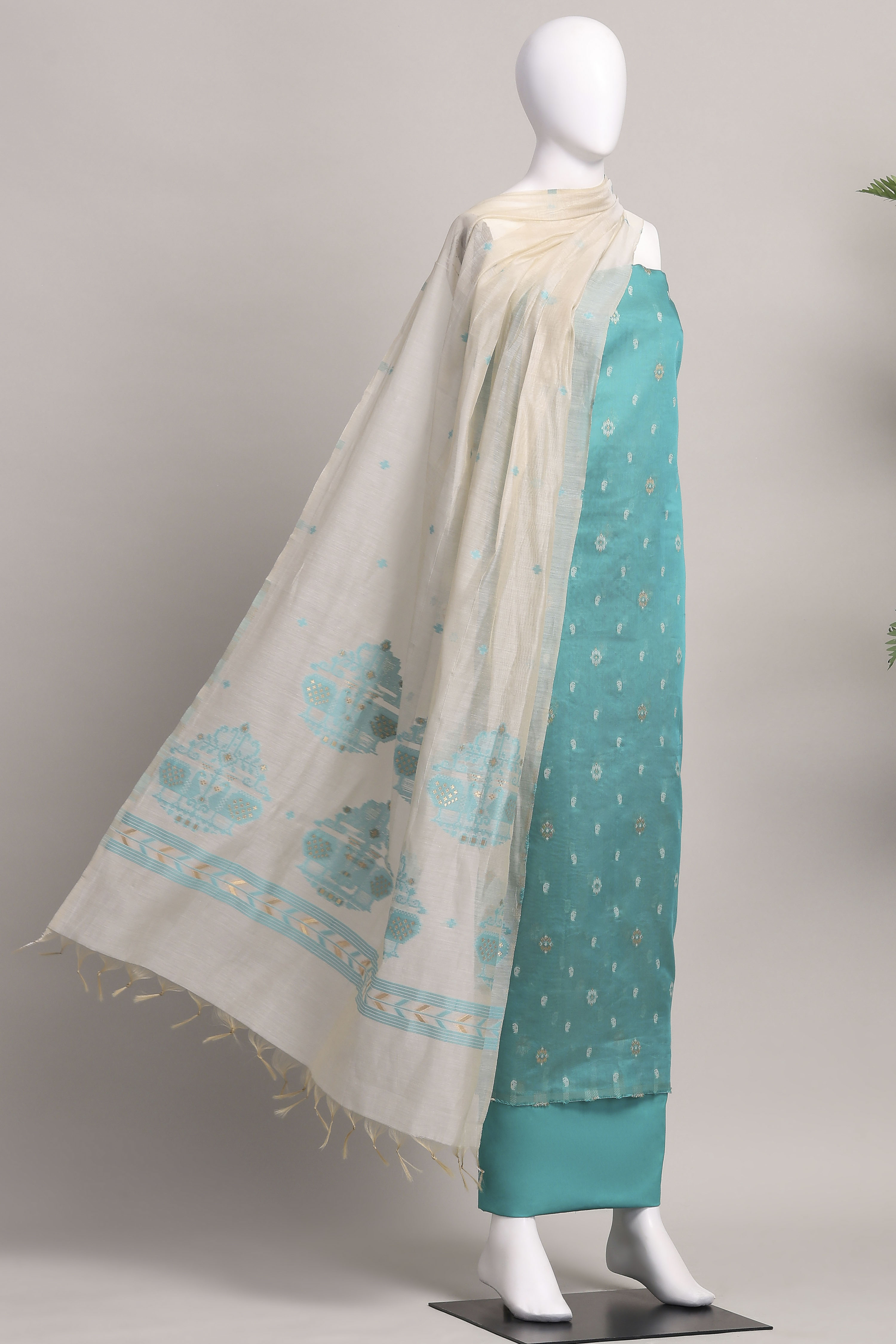 Buy Teal Cotton Jamdani Unstitched Suit Set Online at Biba Global