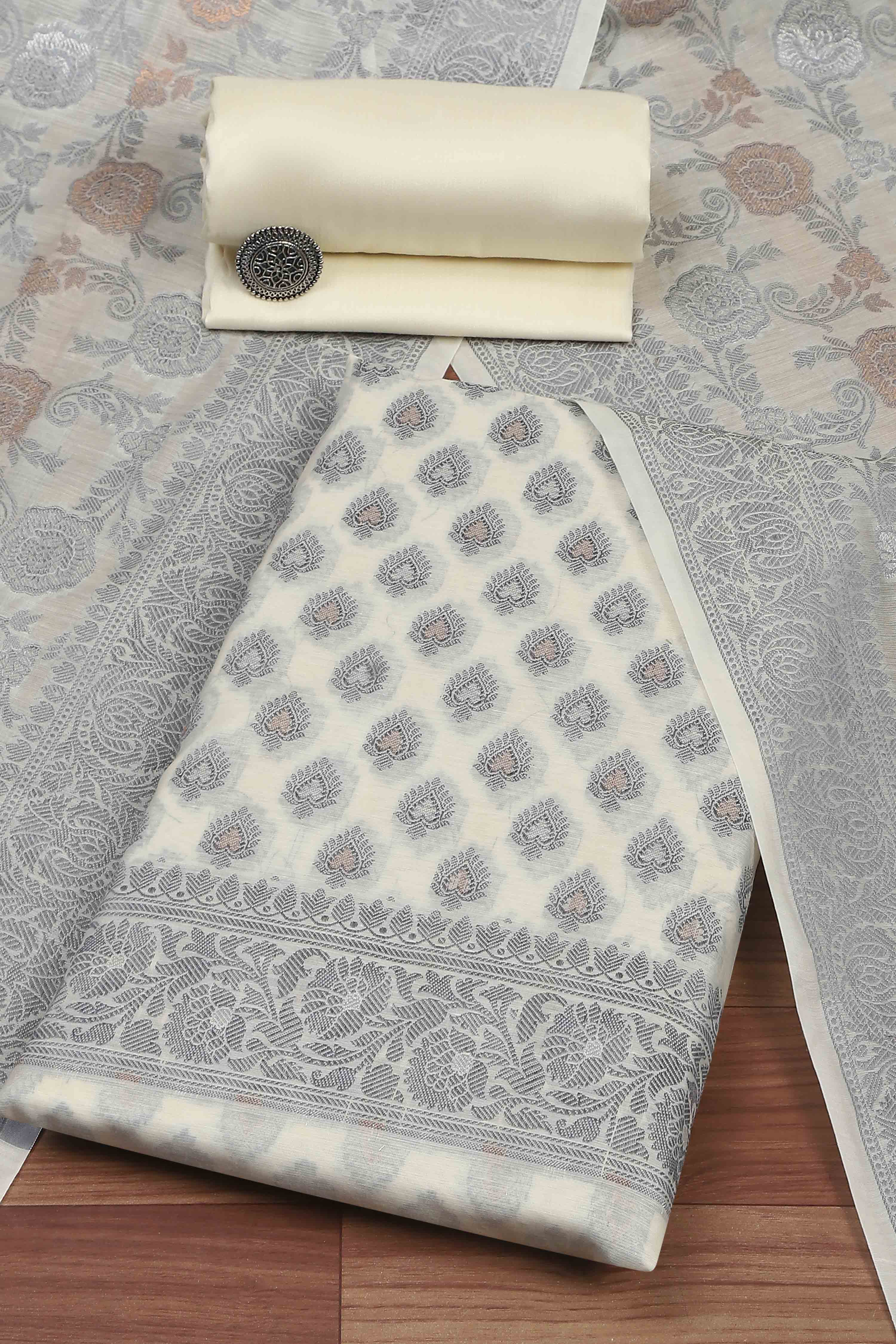 Buy Cream Cotton Printed Embroidered Unstitched Suit Set Online at Biba ...