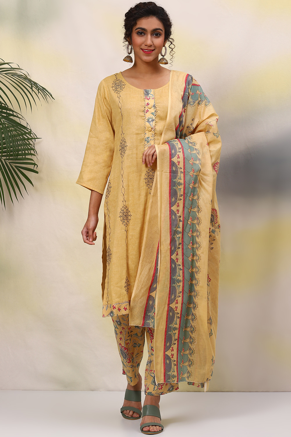 Buy Yellow Cotton Machine Embroidered Unstitched Suit Set Online at ...