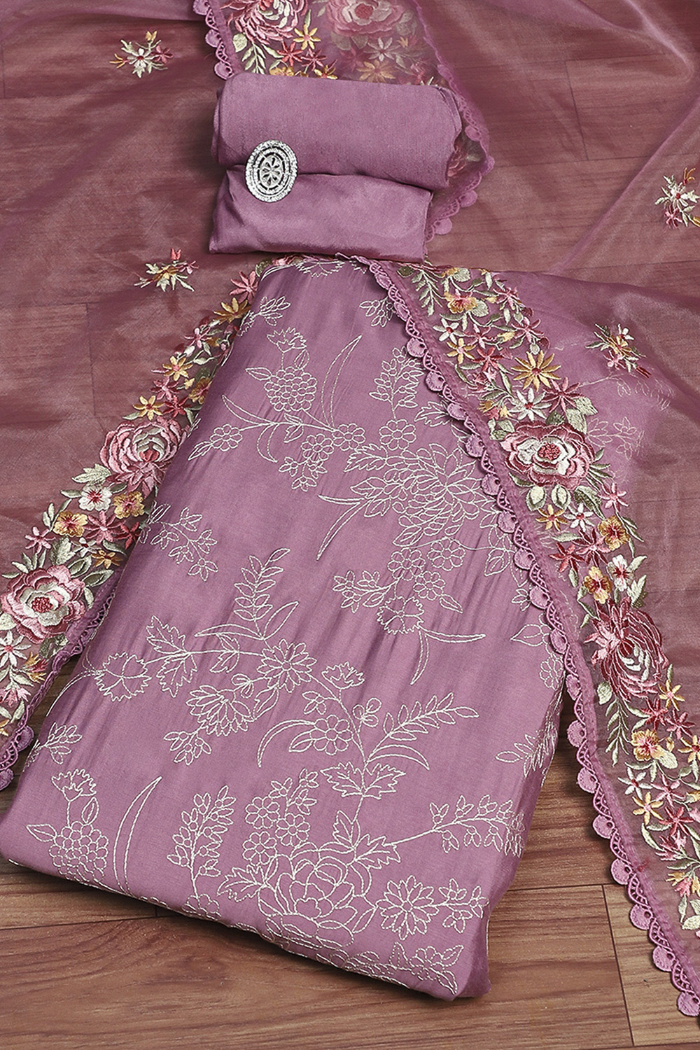 Buy Mauve Silk Blend Machine Embroidered Unstitched Suit Set Online at ...
