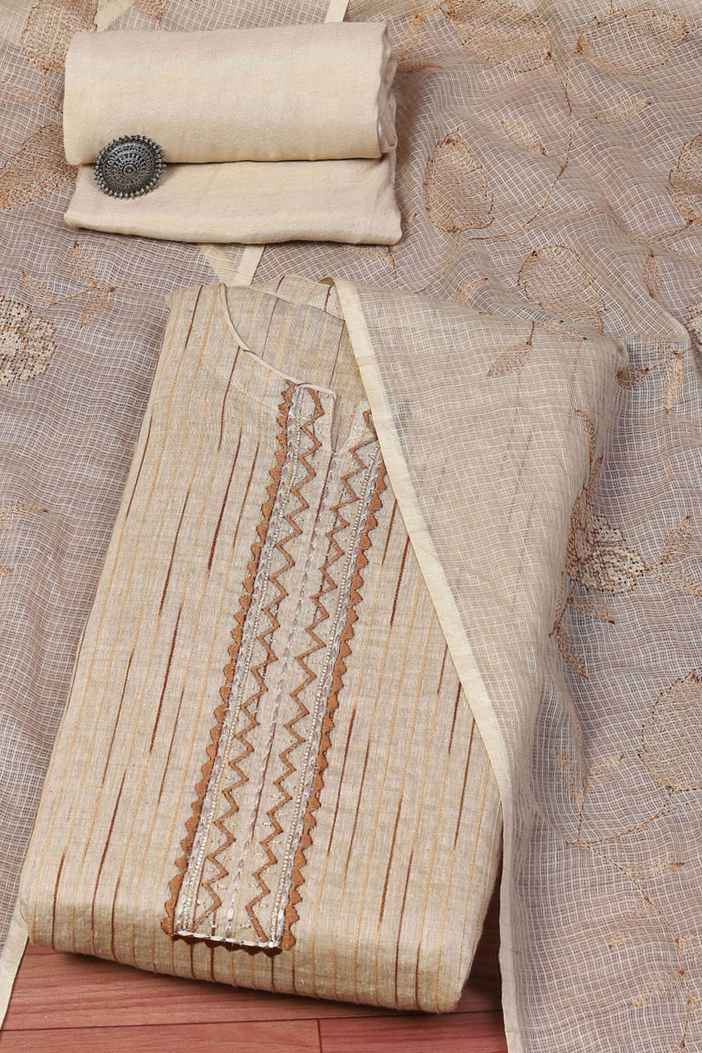 Beige Cotton Unstitched Suit set at Biba India