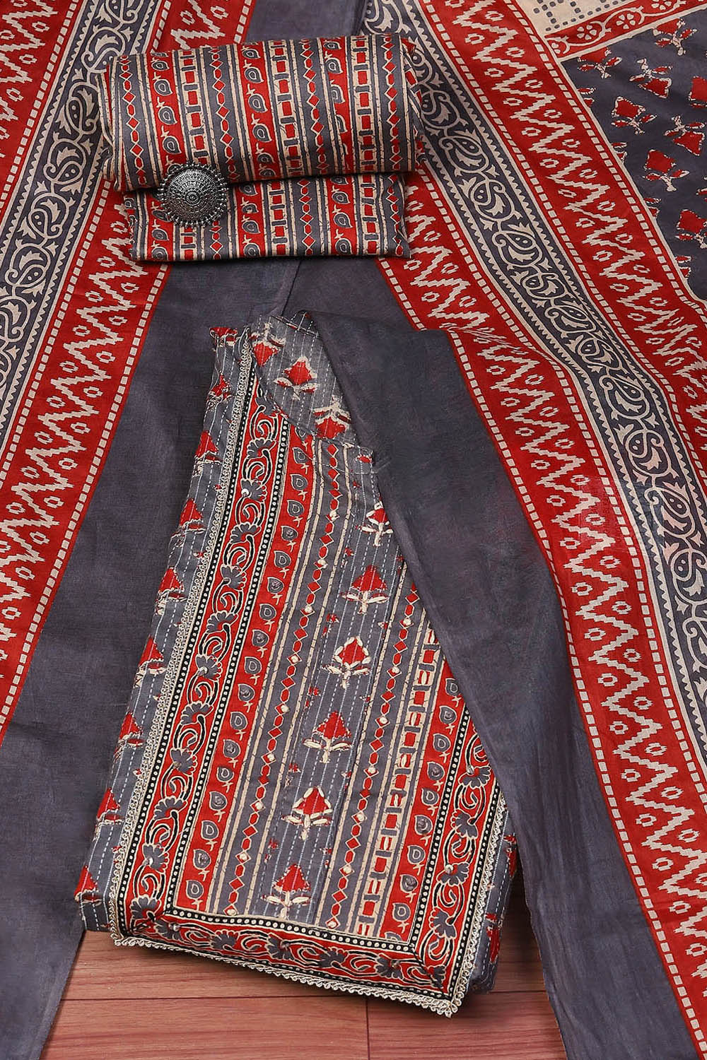 Grey Cotton Unstitched Suit set at Biba India