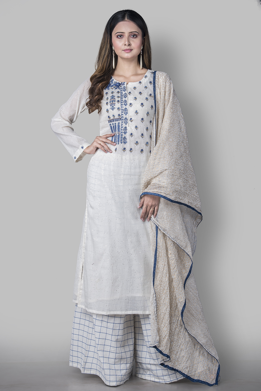 Blue Gold Dust Kora Easy Stitch Suit Set at Biba India