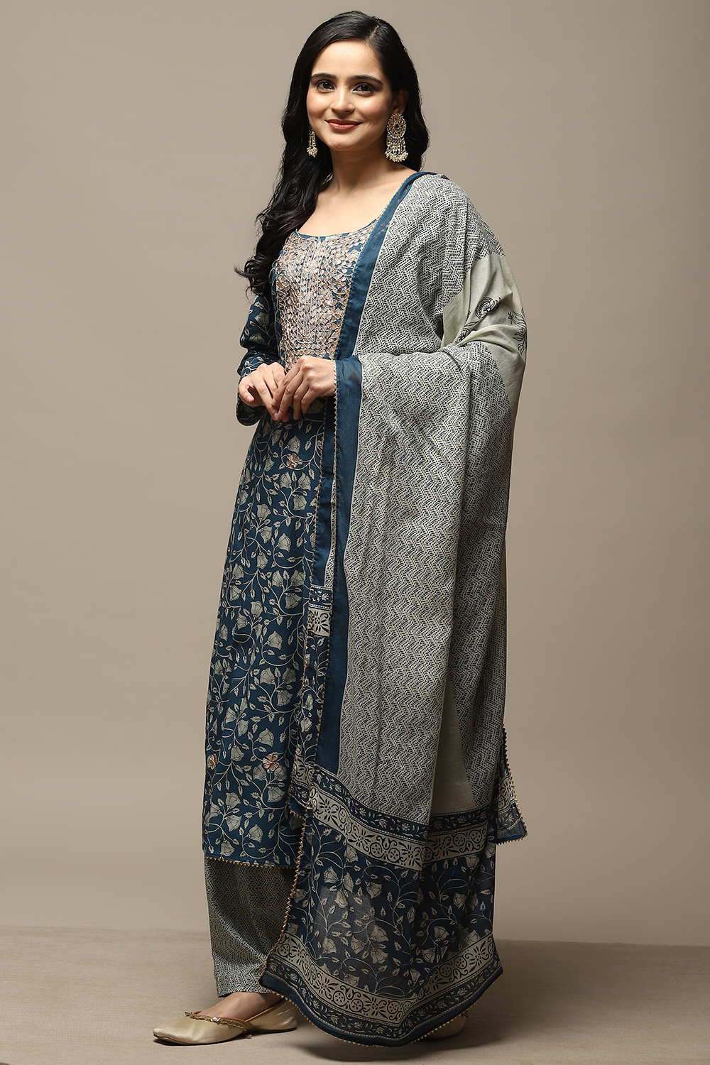 Blue Cotton Hand Block Print Unstitched Suit Set