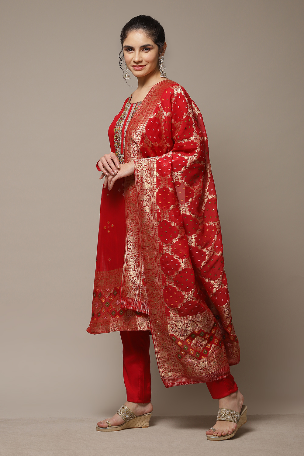 Red Georgette Machine Embroidered Unstitched Suit Set