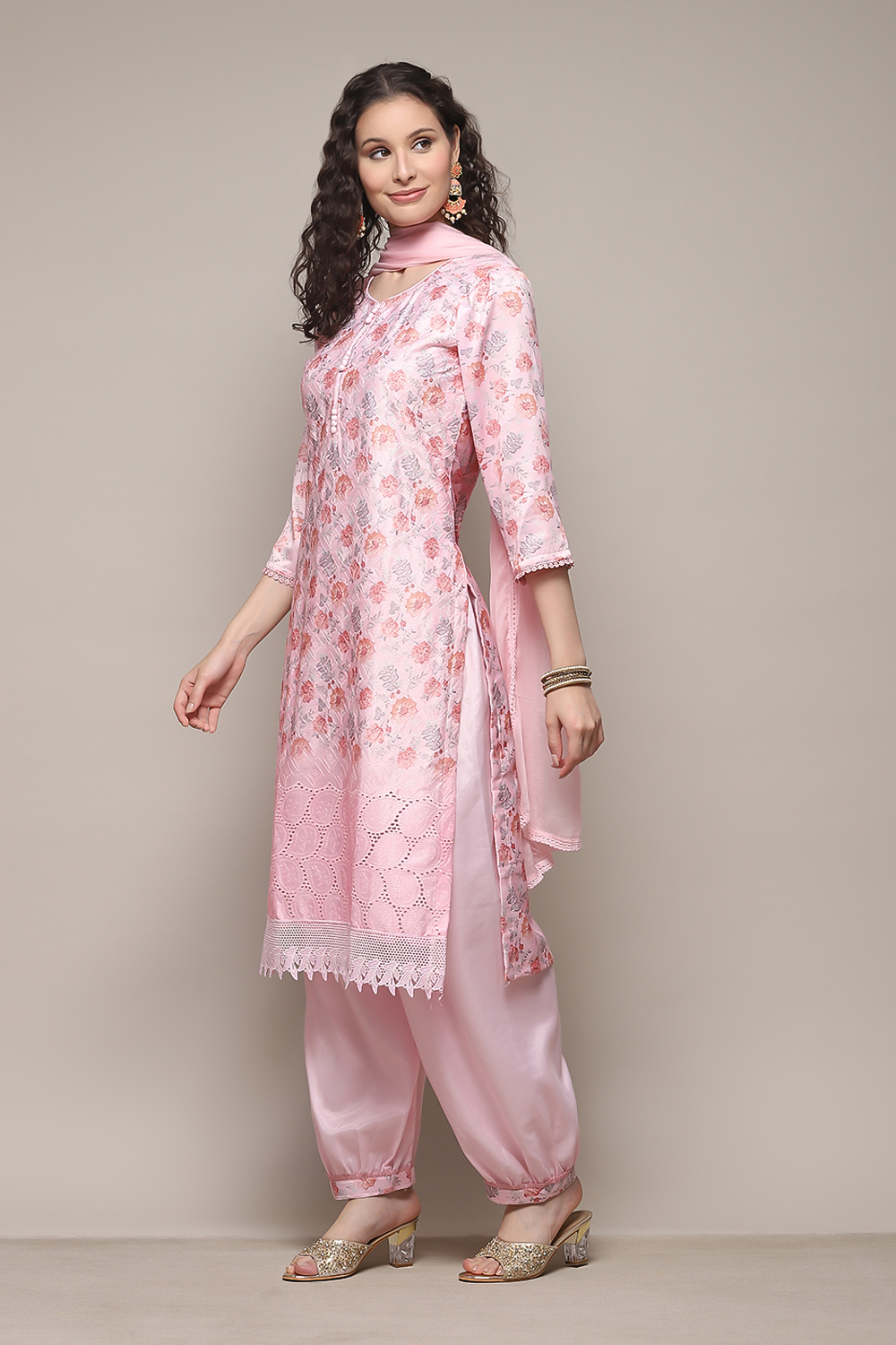Pink Cotton Printed Unstitched Suit Set at Biba India