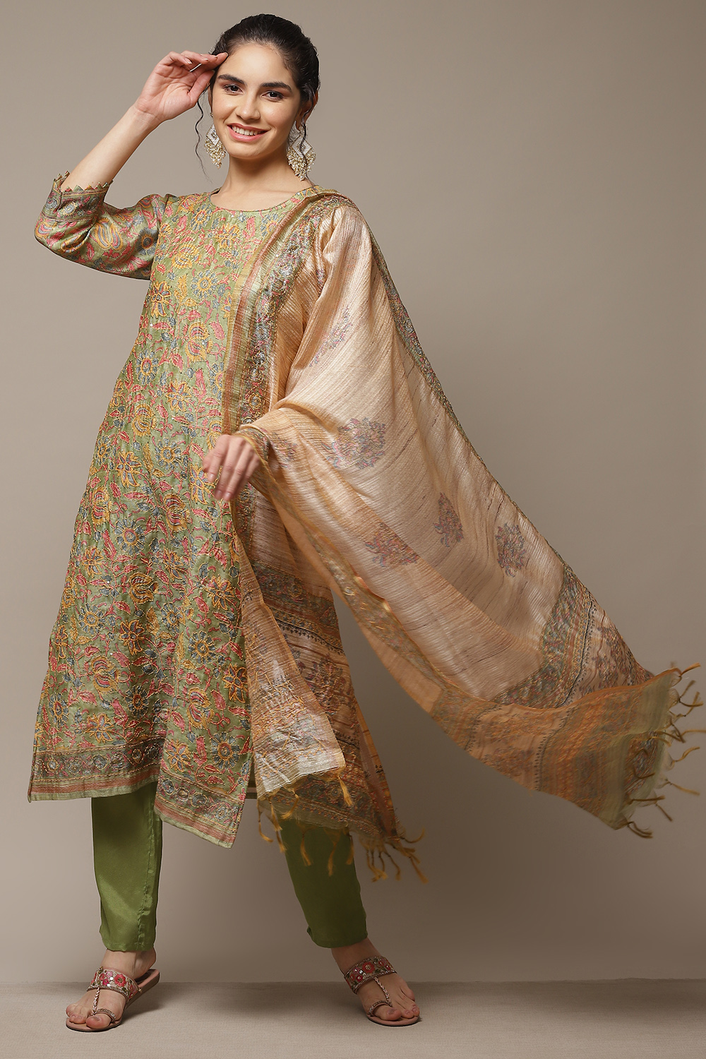 Multi Linen Screen Print Unstitched Suit Set