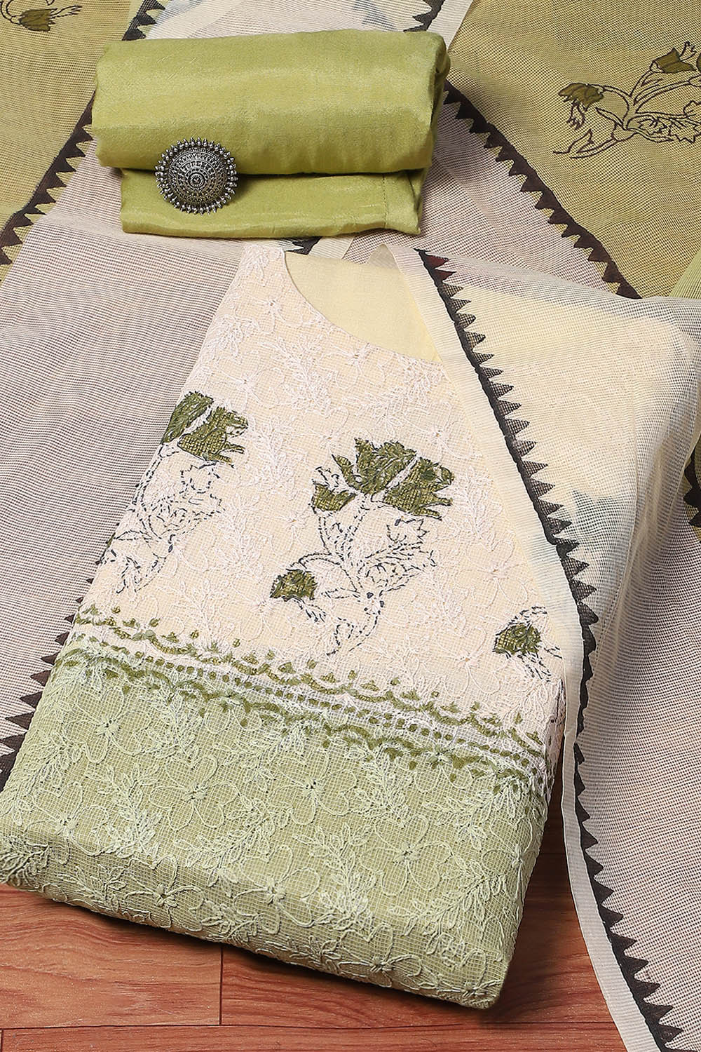 Olive Cotton Blend Unstitched Suit set at Biba India