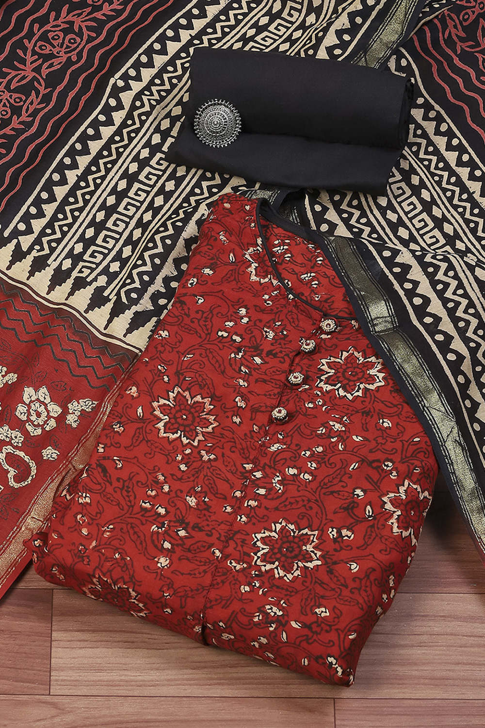 Buy Red Muslin Hand Block Print Unstitched Suit Set Online at Biba India