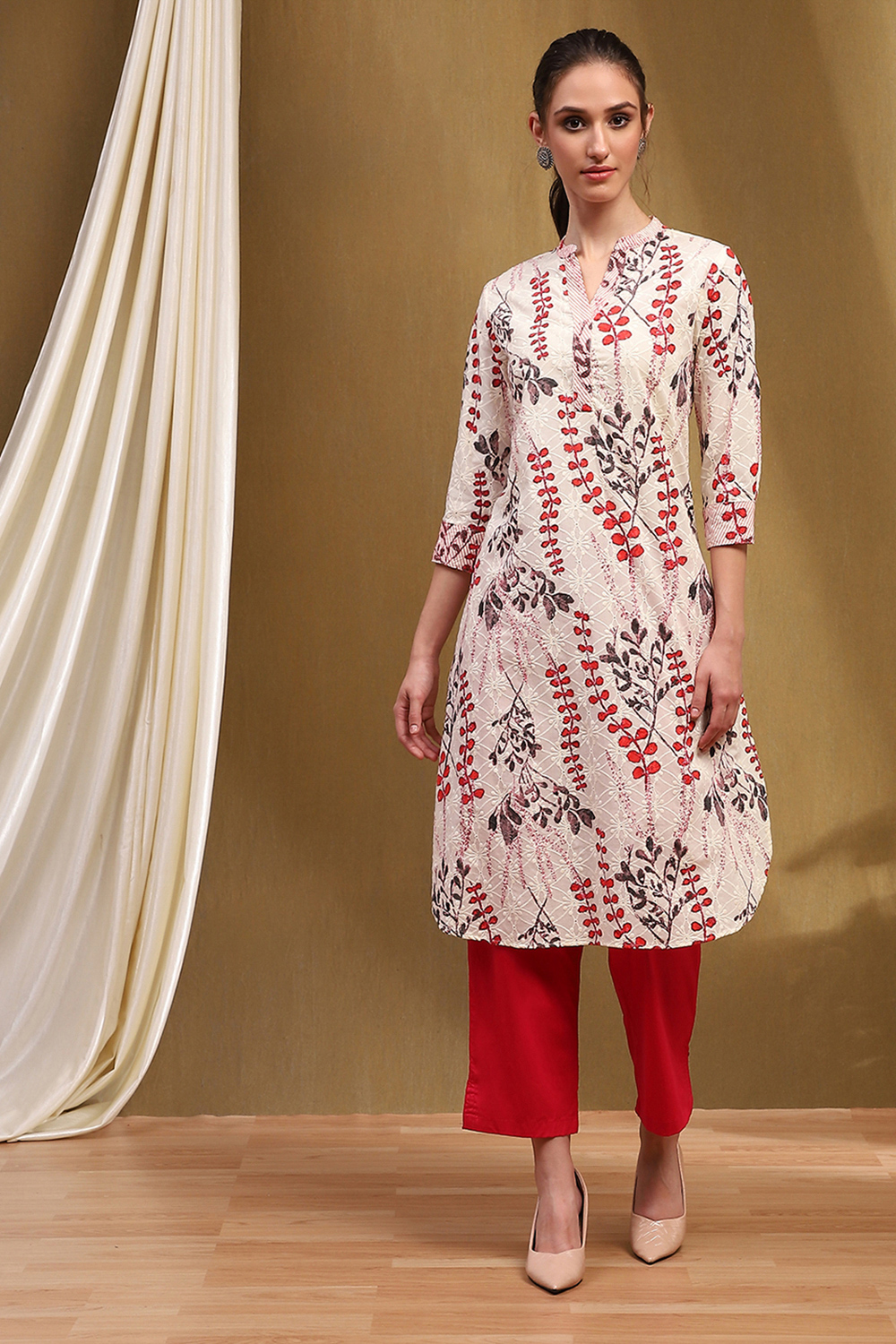 White & Red Cotton Printed Straight Kurta at Biba India