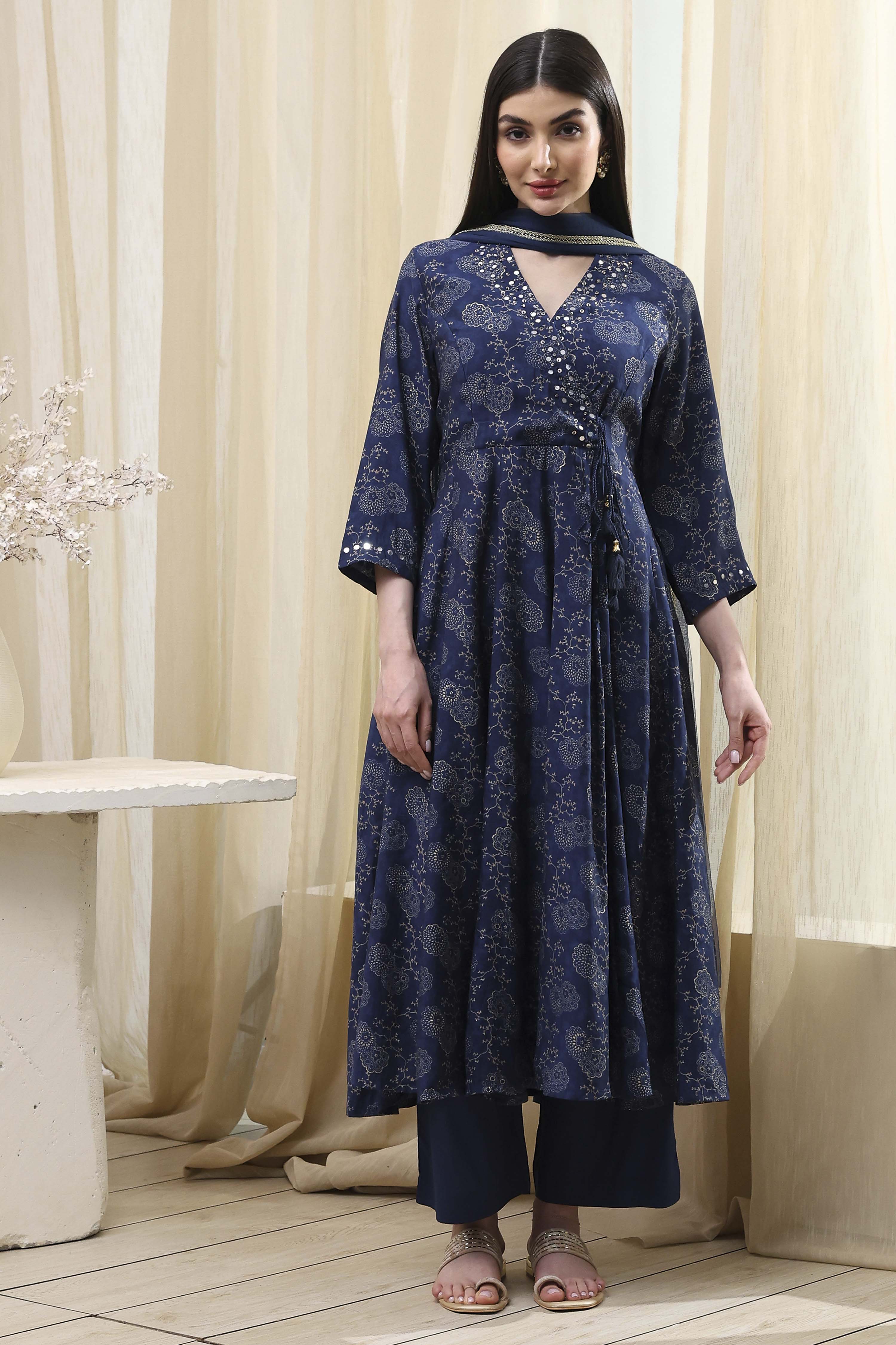 Navy Blue Printed Angrakha Style Anarkali Suit Set at Biba India