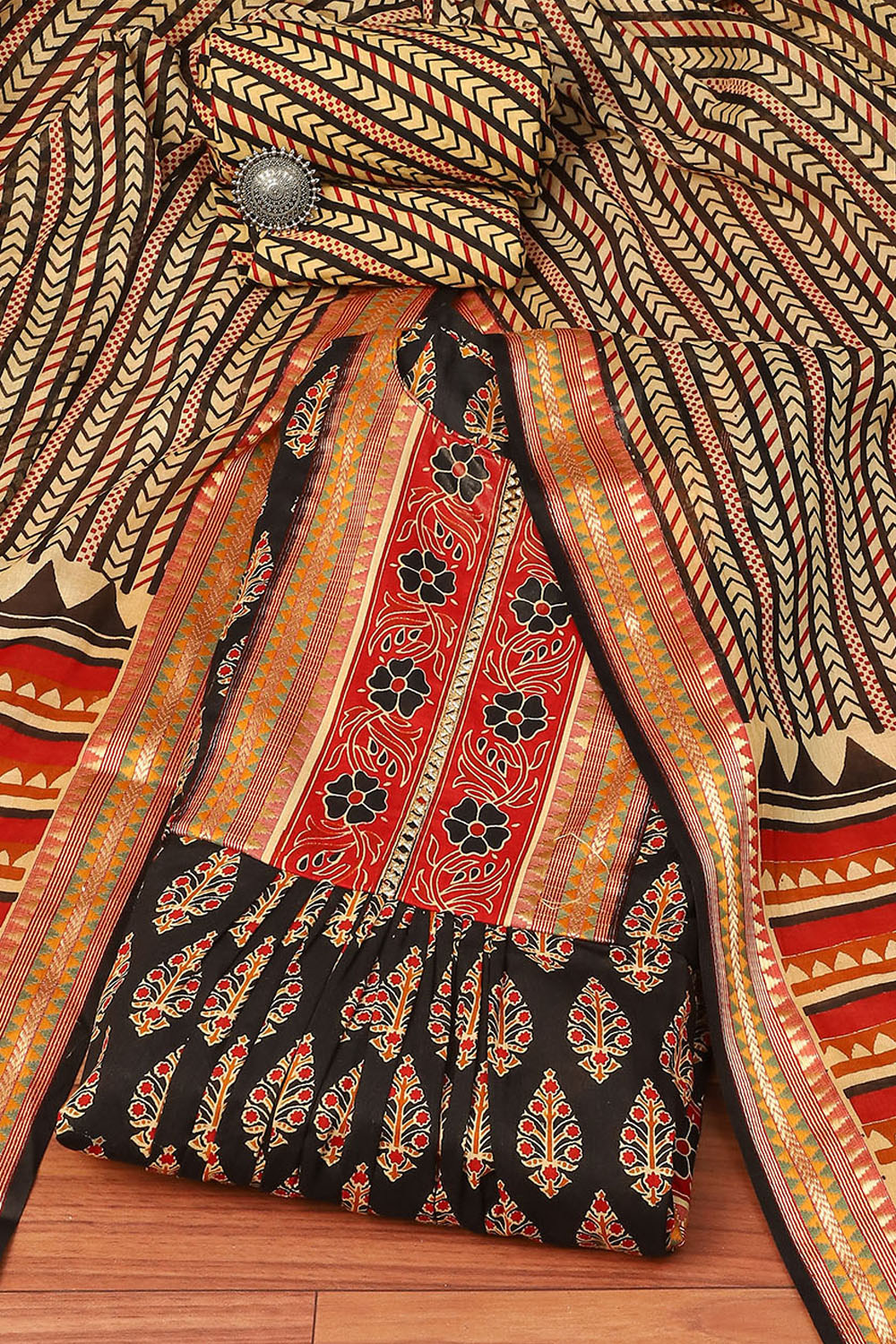 Black Cotton Hand Block Print Unstitched Suit Set