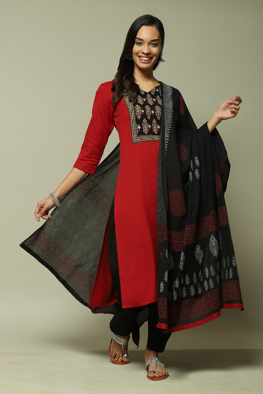 Red Flex Machine Embroidered Unstitched Suit Set at Biba India
