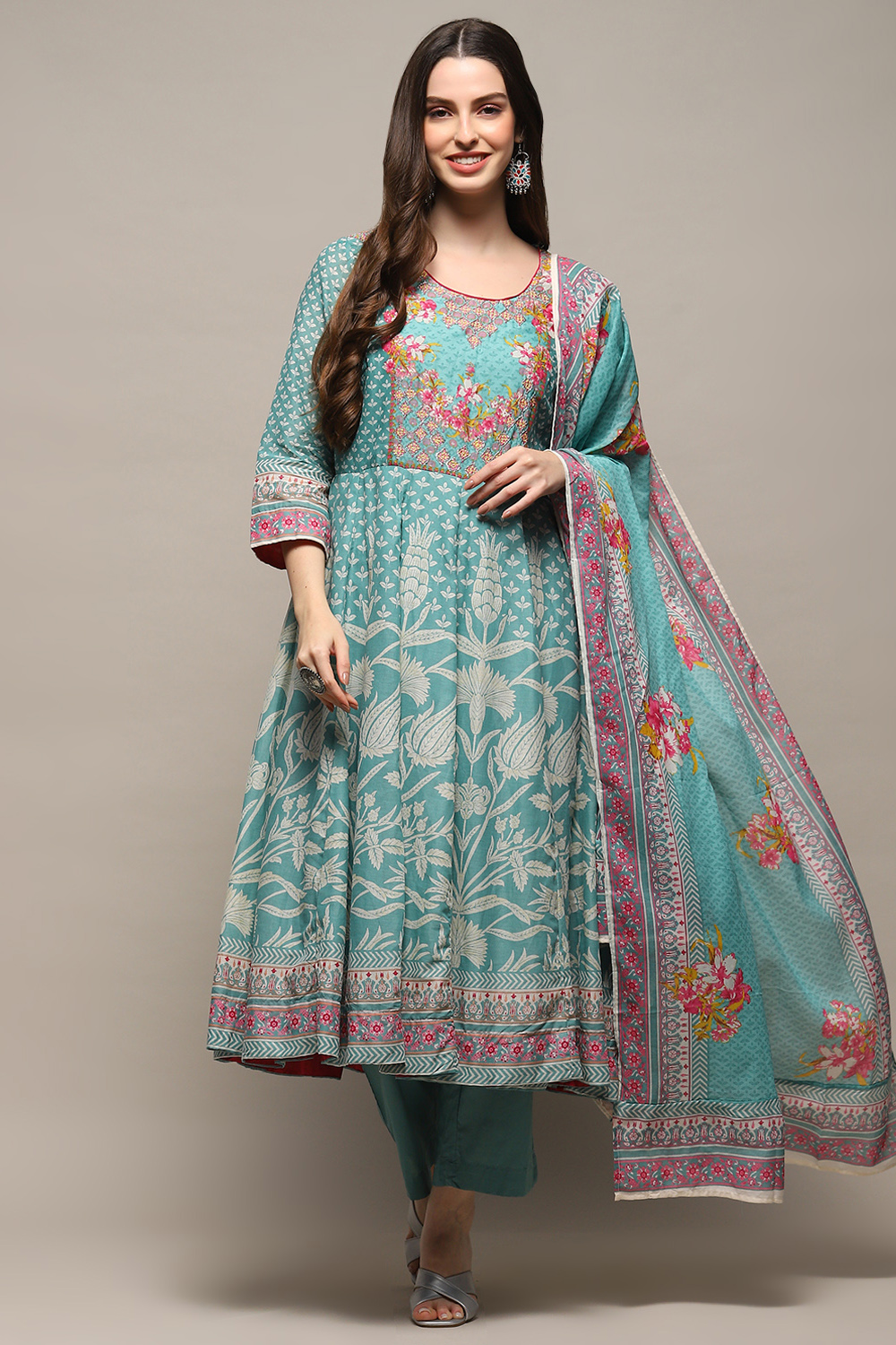 Green Cotton Anarkali Suit Set Kurta, Palazzo, Dupatta at Biba India